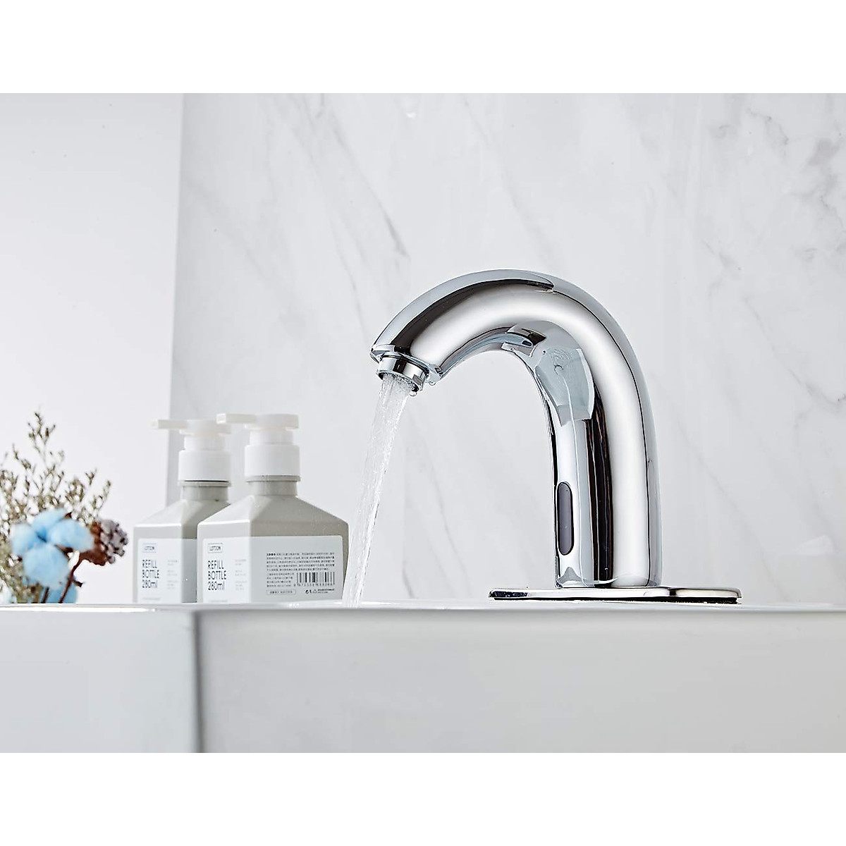 Automatic Sensor Touchless Bathroom Sink Faucet with Hole Cover Plate Chrome Dual Powered Vanity Bathroom Faucets