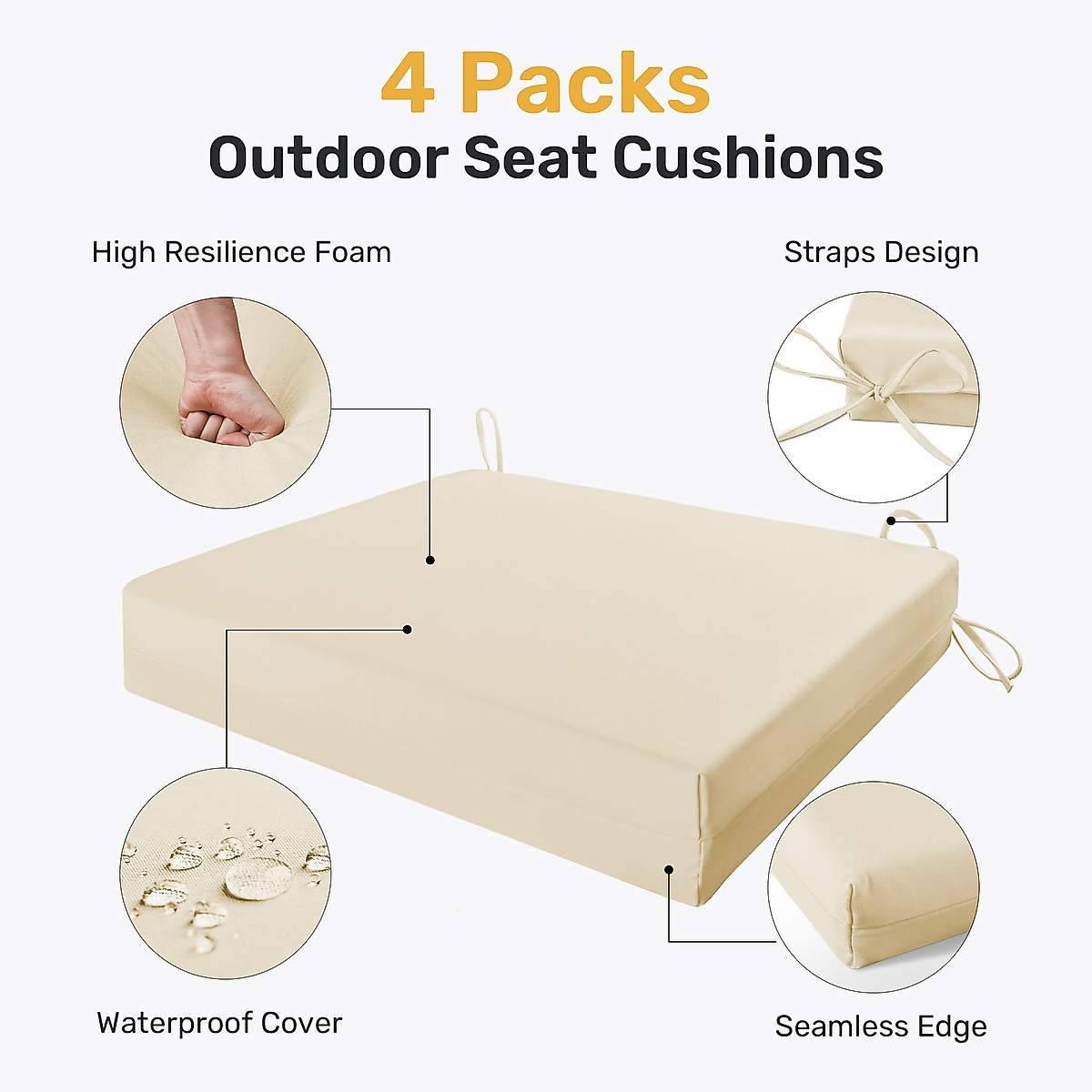 UNIKOME Outdoor Chair Cushions Pack of 4, Water Resistant Patio Cushions with Ties, High Density Sponge Filling Square Corner Seat Cushions for Outdoor Furniture, 18.5"x16"x3", Beige