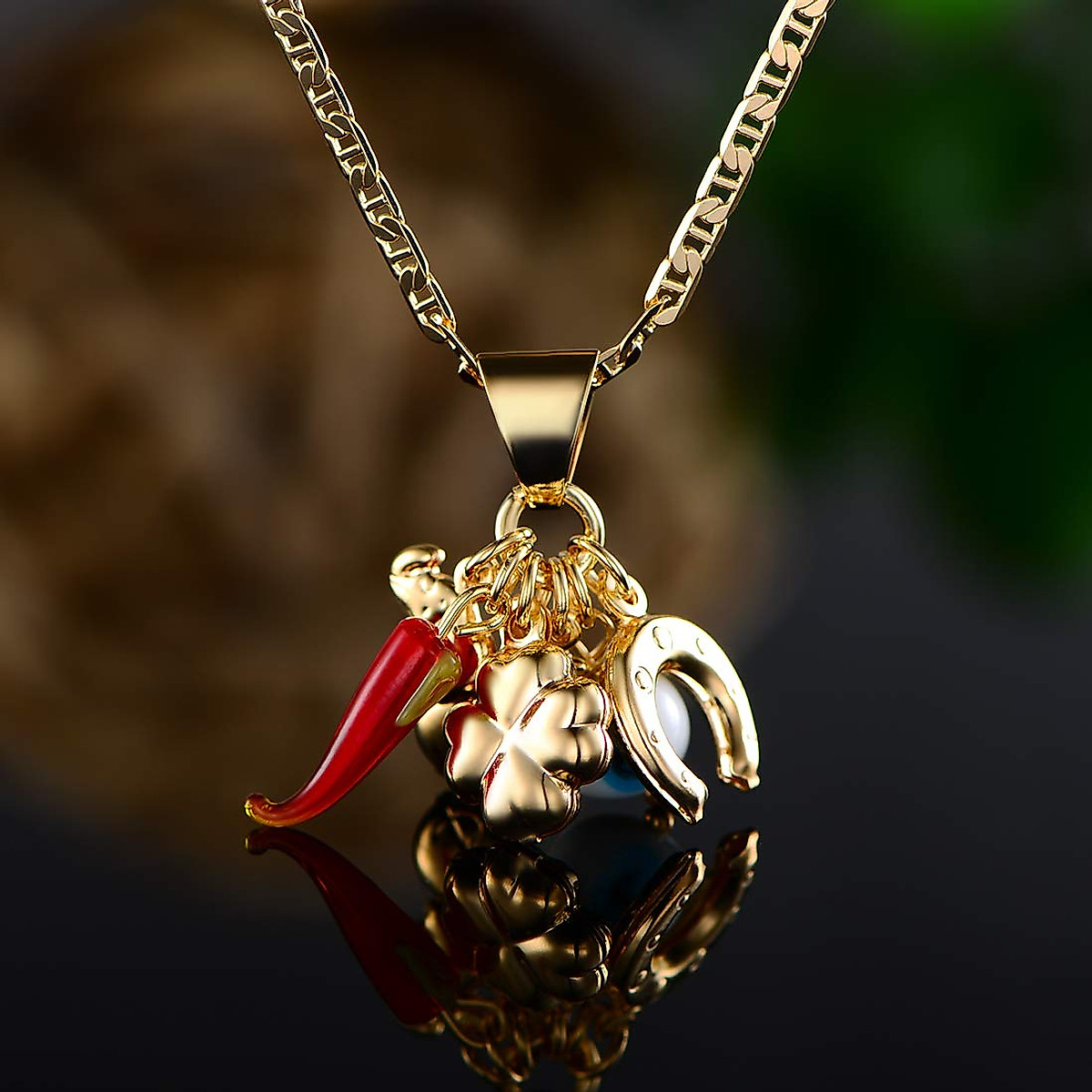 Barzel 18K Gold Plated Luck Charms Necklace With Mariner Chain – Made In Brazil (24 Inches)