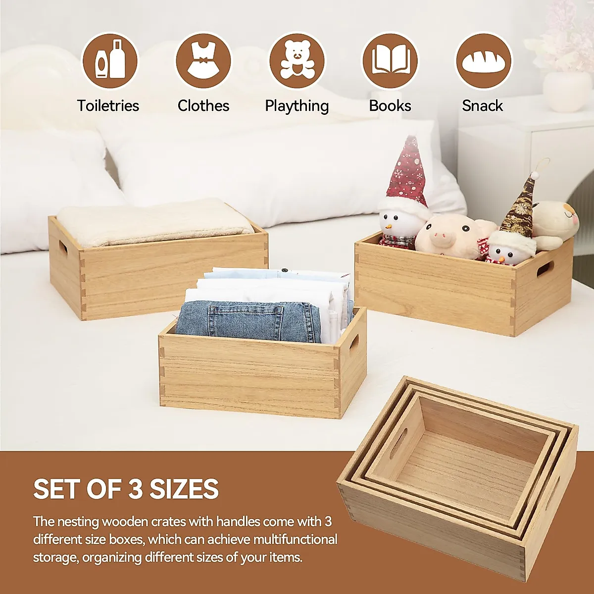 KIRIGEN Nesting Wood Crates with Handles Set of 3 - Farmhouse Decor Wooden Storage Containers/ Portable Rolling Tray Basket/ Crates Decorative Boxes Natural 3TH-NA