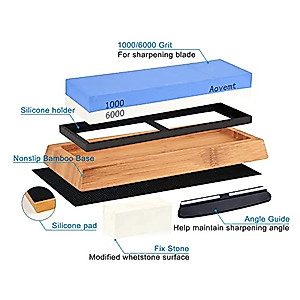 Aovemt Knife Sharpening Stone, Premium Knife Sharpening Kit, 2 Side Grit 1000/6000 Whetstone, Wet Stone, Nonslip Base, Angle Guide and Flattening Stone
