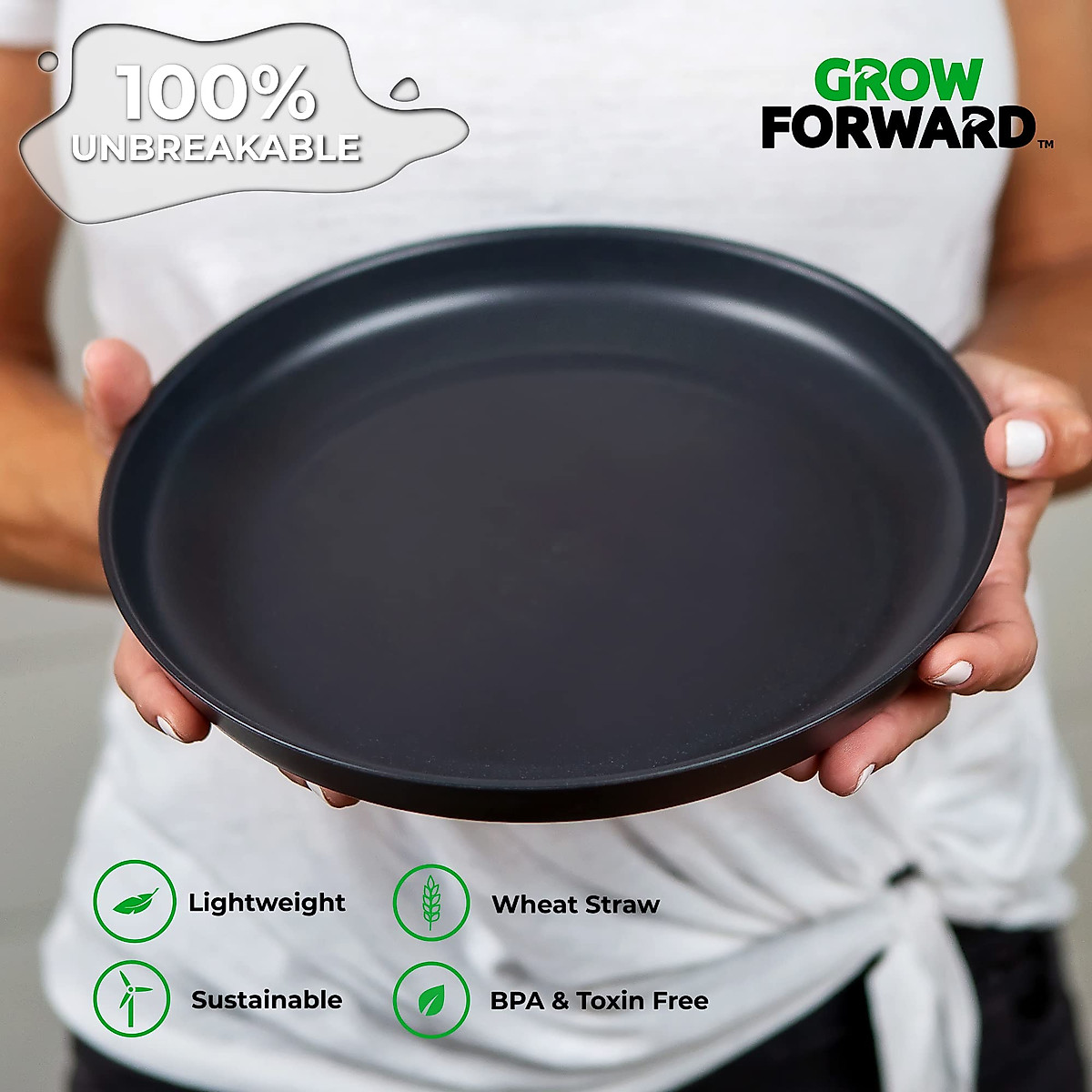 Grow Forward Premium Wheat Straw Plates - 10 Inch Reusable Hard Plastic Dinner Plates Set of 8 - Unbreakable Microwave Safe Plates for Dessert, Camping, RV, Outdoors, Patio, Kitchen Dishes - Moonlight