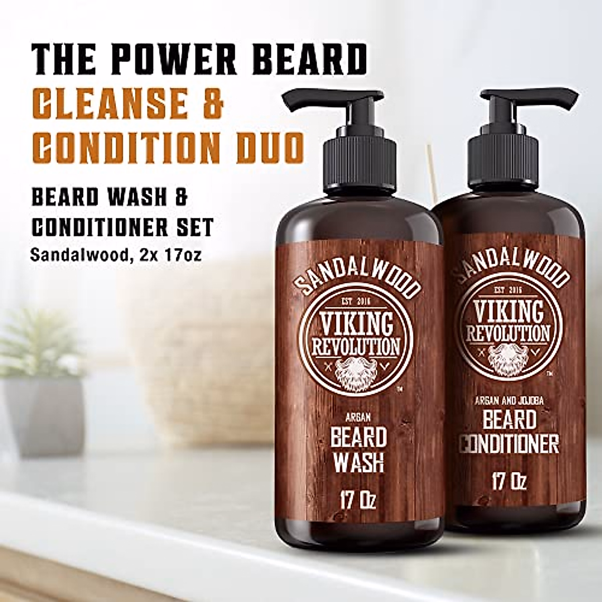 Beard Wash & Beard Conditioner Set w/Argan & Jojoba Oils - Softens & Strengthens - Natural Sandalwood Scent - Beard Shampoo w/Beard Oil (17 oz)