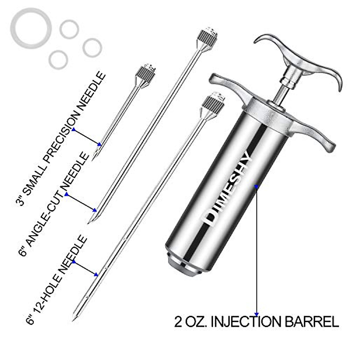 Heavy duty 304 Stainless Steel Meat Injector Kit with 2-oz Large Capacity Barrel with 3 commercial Marinade Needles
