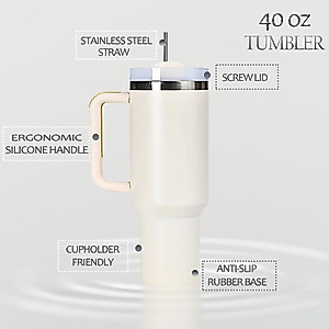 ROPFEE Stainless Steel 40 oz Tumbler Cup with Handle and Drinking Straw Lid| Insulated Tumbler with Silicone Boot | Large Travel Water Bottle | Christmas/Birthday Gift for Him/Her (Cream White)