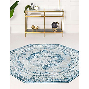 Rugs.com Monte Carlo Collection Rug – 4' Octagon Blue Medium Rug Perfect for Living Rooms, Kitchens, Entryways