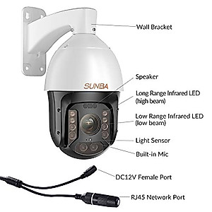 SUNBA Auto Tracking PTZ Camera PoE+ Outdoor, 36X Optical Zoom 5MP Smart Security Dome, RTMP for YouTube Live Streaming, Two-Way Audio, Night Vision up to 1500ft (P636 V2, Performance Series)
