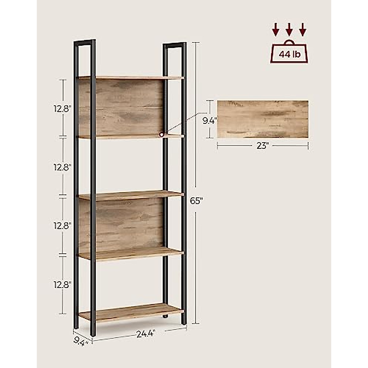 VASAGLE 5-Tier Bookshelf, Book Shelf, Industrial Bookcase, with Steel Frame, for Living Room, Home Office, Bedroom, 9.4" D x 24.4" W x 65" H, Rustic Walnut + Black