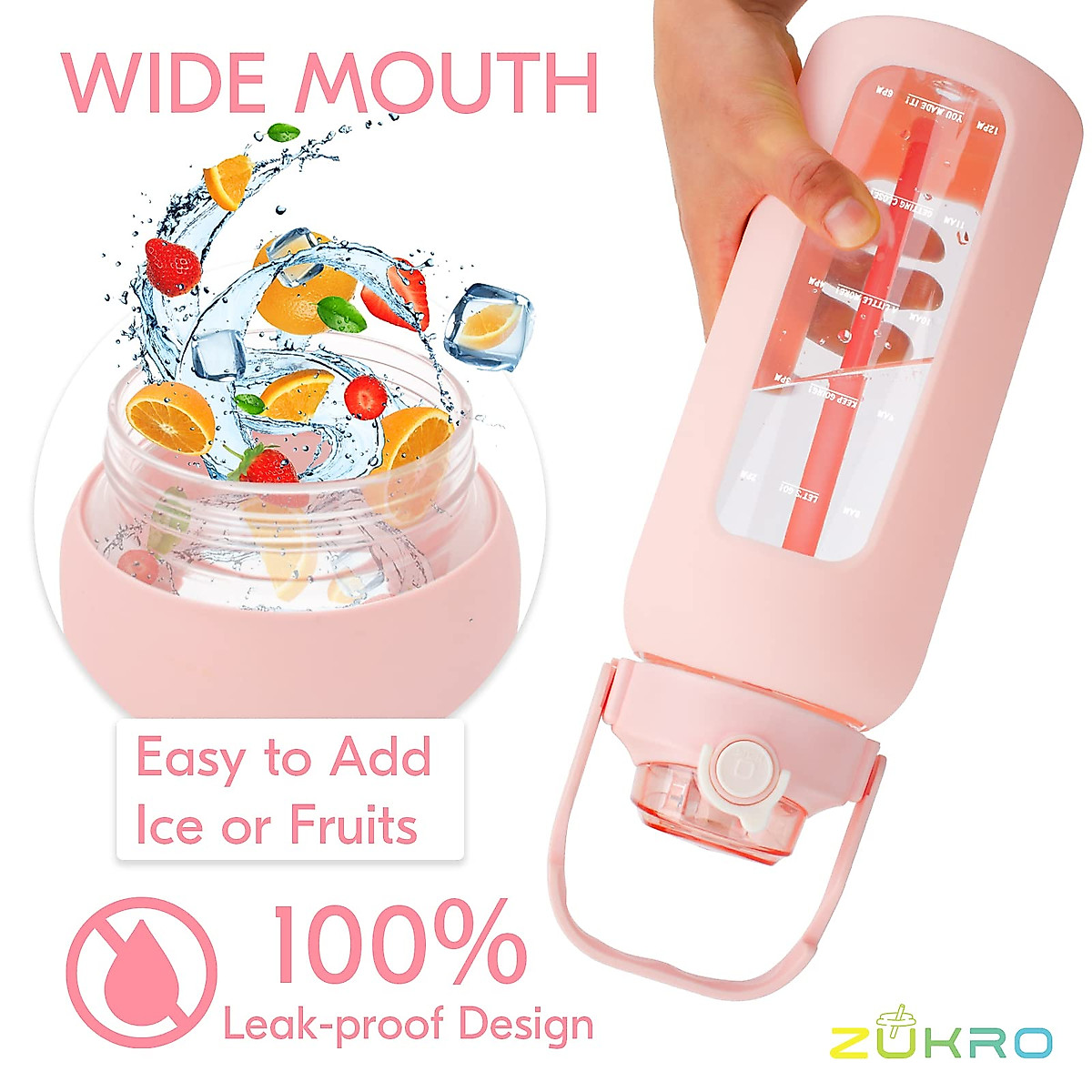 Zukro 64 oz Glass Water Bottle, Motivational Reusable Large Half Gallon Reusable Water Jug With Handle and Straw, Silicone Sleeve for Sport, Gym and Workout, Time Marker Reminder Quotes to Drink