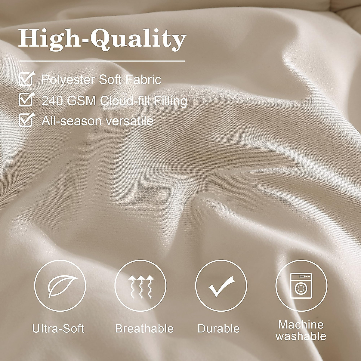 Monbix Queen Comforter Set - 7 Pieces Apricot Beige Bed in a Bag Queen Bedding Sets with Comforters, All Seasons Down Alternative Comforter Bed Set with Sheets,Pillowcases & Shams