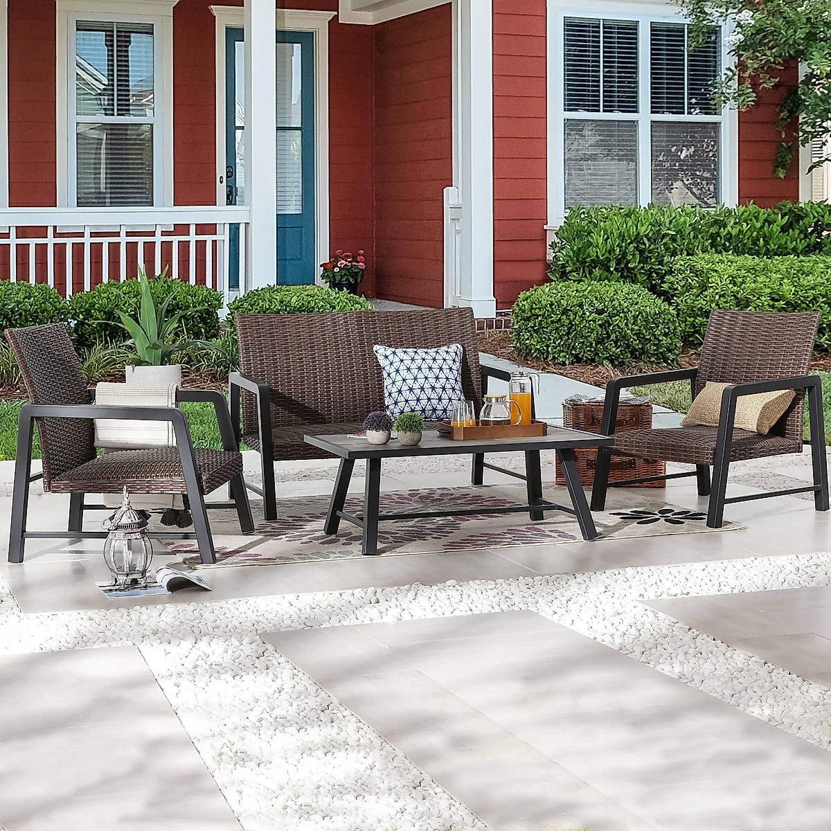 PatioFestival Patio Conversation Set 4Pcs Wicker Outdoor Furniture Sets with Quick-Drying Internal Cushion All Weather Frame