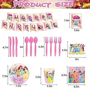 Princess Birthday Party Supplies for 24 Guests, Princess Birthday Decoration Include Happy Birthday Banner, Balloons, Aluminum film balloon, Backdrop, Cake Topper, Tableware, Hanging decoration