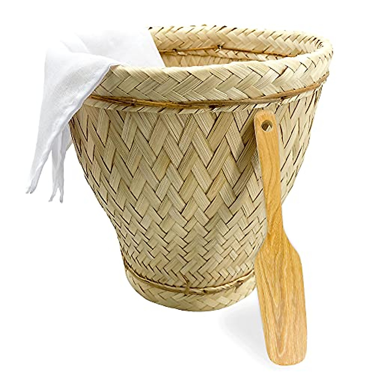 PANWA Sticky Rice Cooking Set Aluminum Cook Pot Standard Diameter (22 cm), Thai Bamboo Village Vintage Steamer Basket 9 Inch Diameter with 24’’ Round Reusable Cheesecloth and Wicker Lid