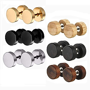 Tanyoyo Wood Cheater Fake Ear Plugs Gauges Illusion Screw Stud Earrings 3pair a set (3pair Wood+ 3pair Steel)