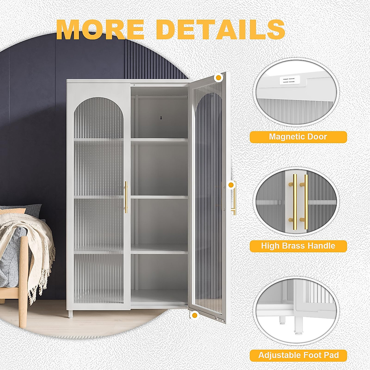 4-Tier Glass Cabinet, Metal Kitchen Pantry Cabinet with Tempered Glass Doors, Modern Accent Cabinet with Doors, Kitchen Cabinet with Adjustable Feet & Shelves, Bar Cabinet, White Pantry （White）