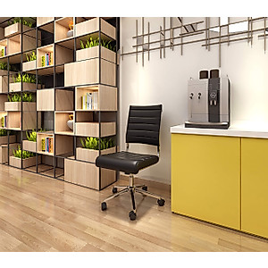 2xhome Black Modern Ergonomic Executive Mid Back PU Leather No Arms Rest Tilt Adjustable Height Wheels Cushion Lumbar Support Swivel Office Chair Conference Room Home Task Desk Armless