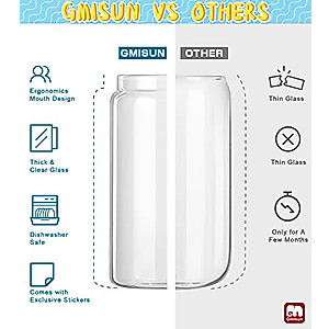 GMISUN Glass Cups with Lids and Straws, 16oz Iced Coffee Cup, Beer Can Glass with Lids and Straw, Drinking Glasses with Bamboo Lids Coffee Bar Accessories for Beer/Juice, Exclusive Transfer Labels