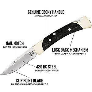 Buck Knives The 55 Folding Pocket Knife 2-3/8" 420HC Steel Clip Blade, Ebony Handle, Brass Bolsters