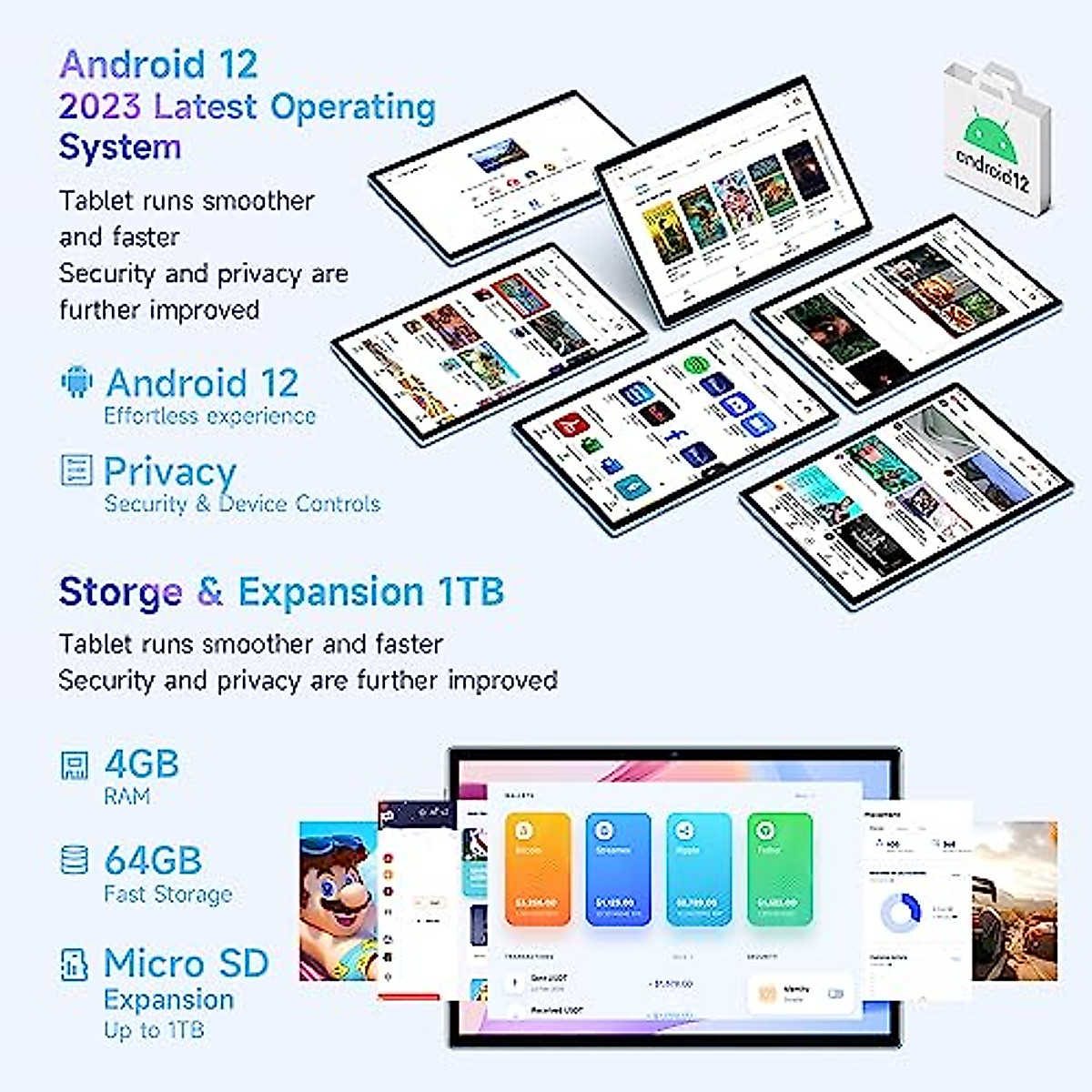 TECLAST 2023 New Android 12 Tablet, P30S Android Tablet 10 inch, 4+64GB, 1TB Expand Tablet PC, 8 Core CPU, 2.4G/5G WiFi Tablet, 10.1 inch IPS HD Display, Bluetooth 5.0, GPS, Dual Camera