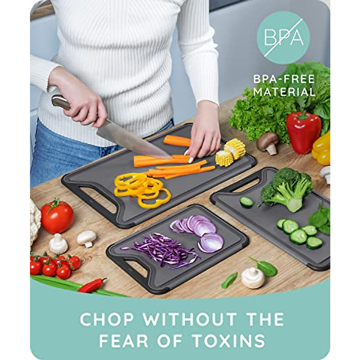 Cutting Boards for Kitchen - Plastic Cutting Board Set of 3, Dishwasher Safe Cutting Boards with Juice Grooves, Thick Chopping Boards for Meat, Veggies, Fruits, Easy Grip Handle, Non-Slip (Black/Gray)