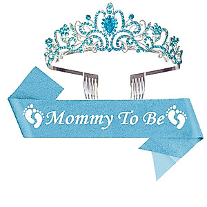 Mom to Be Baby Shower Decorations, Mommy to Be Crown and Sash Mother to Be Sash Baby Shower Boy Mommy to Be Sash and Tiara Set for Boys (Blue), Glitter sash