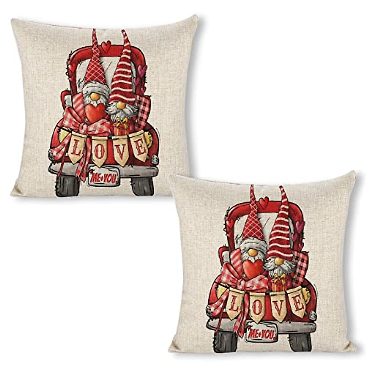 Love Gnomes Truck Throw Pillow Covers 18×18 Pillowcases Set of 2 Valentine's Day Cute Linen Decorative Square Pillow Case Cushion Covers Standard Size for Sofa Couch Outdoor Bed Pillow Protectors