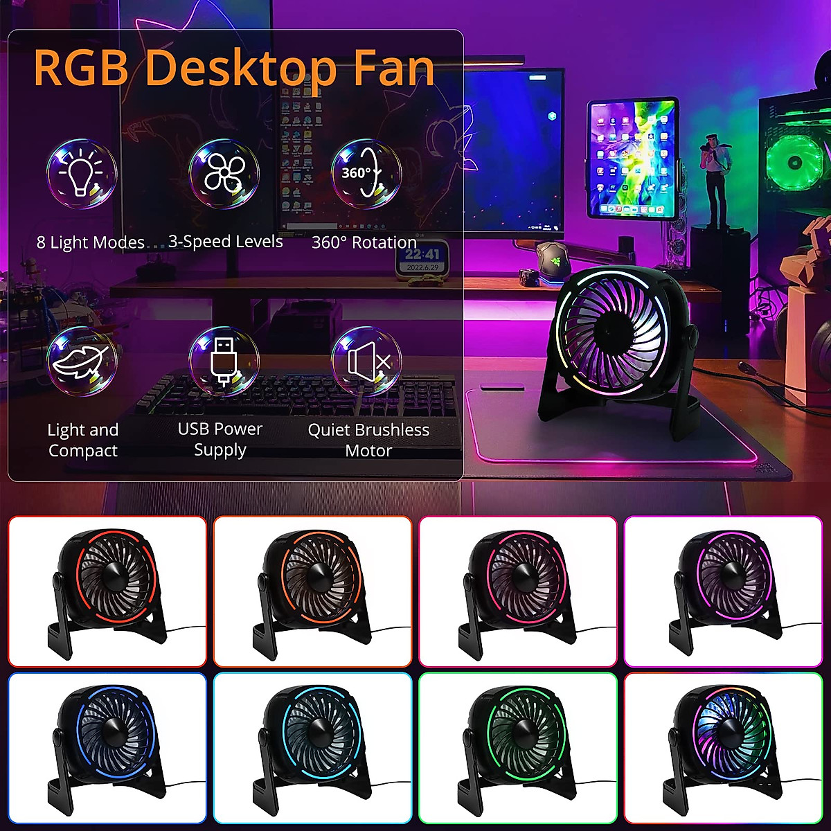 HeroPlus RGB Small USB Desk Fan, 6 Inch Small Fan with 8 Light Modes, Mini USB Fan with 3 Speeds, 60 Inch Cord, 360° Rotation, Quiet Operation, Portable Desk Fan for Rooms, Offices, Car, Travel