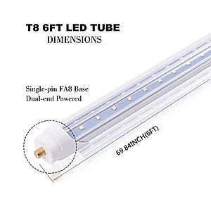 WAHADI 6-Pack 6FT 40W T8 LED Tube Light Daylight White 6000k with Dual-Row LED Chips FA8 Single Pin Base Clear Cover 6 Foot LED Bulbs to Replace T8 T10 T12 Fluorescent Light, ETL Listed