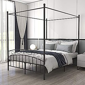 RYR Sturdy Metal Canopy Bed Frame Four-Poster Platform Bed Queen Size with Headboard and Footboard,Metal Slat Support No Noise No Box Spring Required Black