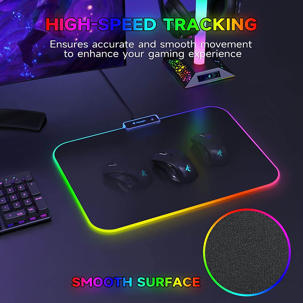 Hcman RGB Gaming Mouse Pad, Small Mousepad 340×245×3mm, PC Gaming Accessories LED Mouse Mat for Desk, Mouse Pads Boy Gifts for Computer Gamer - Black
