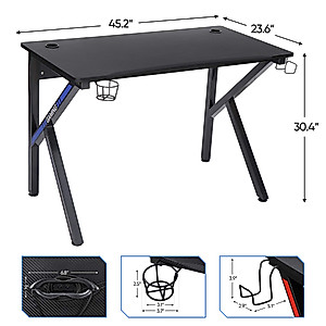 SUPER DEAL Gaming Desk 45" W x 23" D x 30" H Home Office Computer Desk w/Power Outlet, Free Red and Blue Stickers, Cup Holder, Headphone Hook, Black