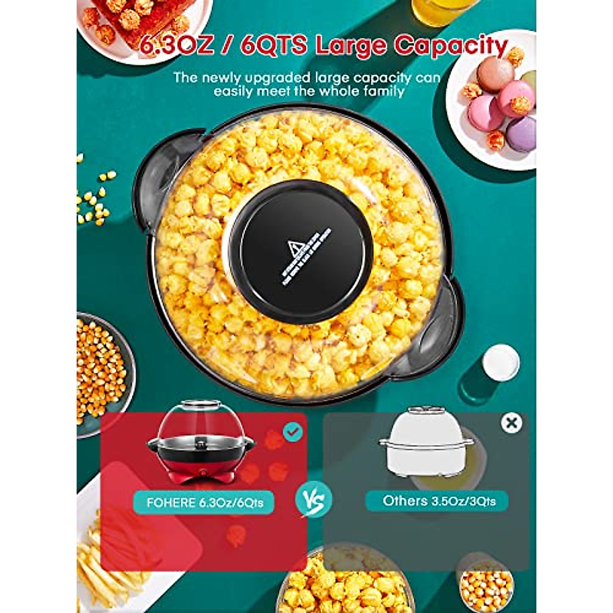 Popcorn Machine, 6 QT Automatic Stirring Popcorn Maker, Electric Hot Oil Popcorn Popper, DIY Flavor，Detachable & Nonstick Plate, Large Lid For Serving Bowl, Free Measuring Cups，Safety ETL Approved (6 QTS)