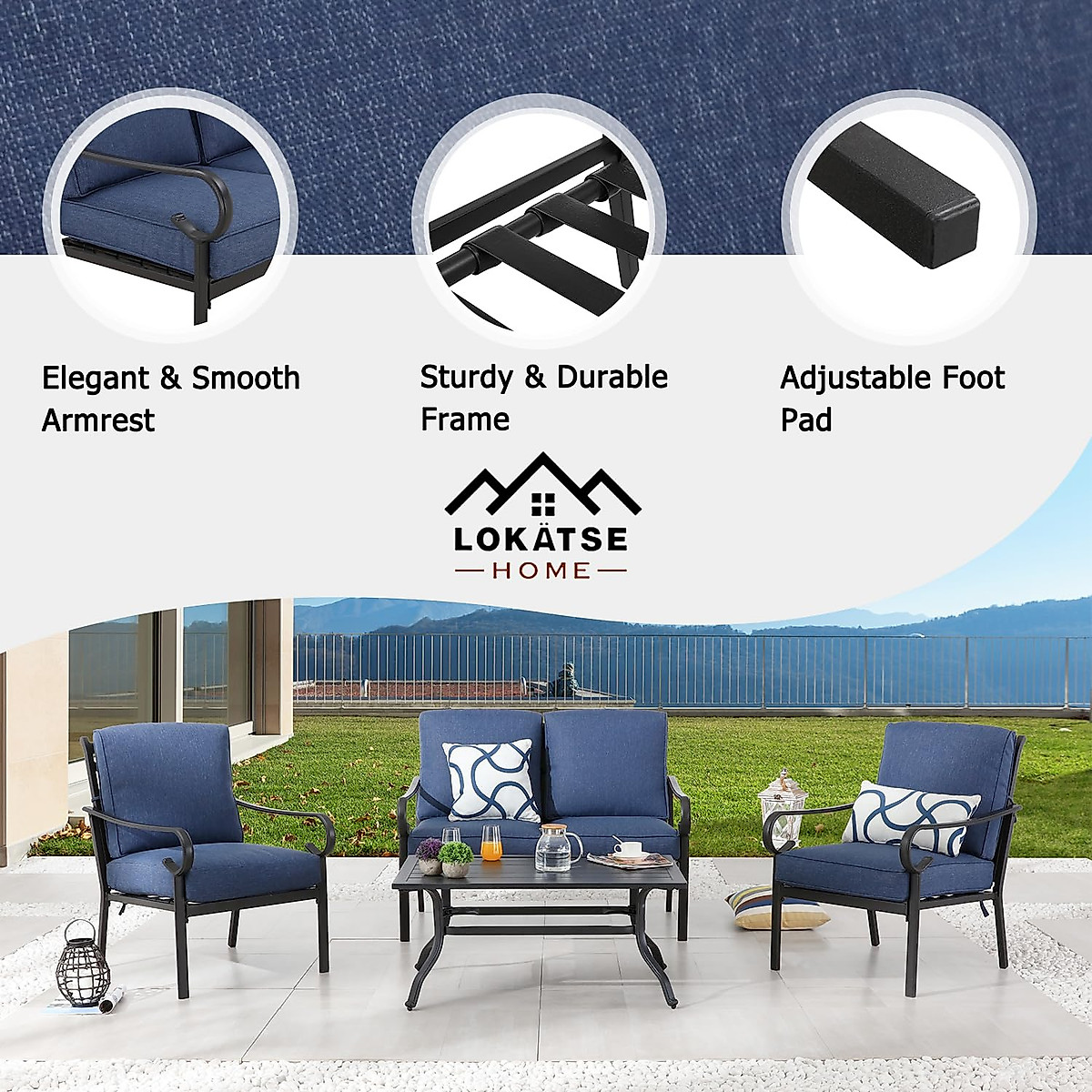 LOKATSE HOME 4-Piece Patio Cushioned Furniture Outdoor Bistro Conversation Set with 1 Loveseat, 2 Single Sofa Chairs, 1 Coffee Table, Blue