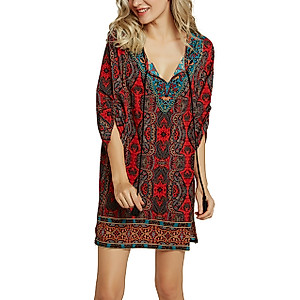 Women Bohemian Neck Tie Vintage Printed Ethnic Style Summer Shift Dress (2XL, Pattern 15)