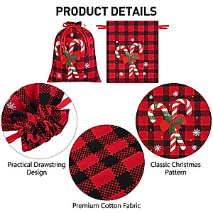 Aneco 12 Pieces Christmas Drawstring Gift Bag with Drawstrings Red and Black Buffalo Plaid Fabric Bag with Drawstring Cotton Xmas Candy Bags with 24 Tags Rope, Assorted Sizes
