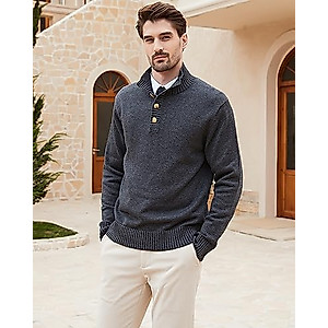 Kallspin Men's Pullover Sweater Wool Midweight Mock Neck Quarter-Button Long Sleeve Pullover(Charcoal Large)
