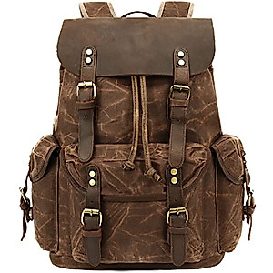 HuaChen Rugged Leather and Waxed Canvas Backpack for Men, Shoulder Rucksack for Travel Laptop School Hiking (M80_Brown)