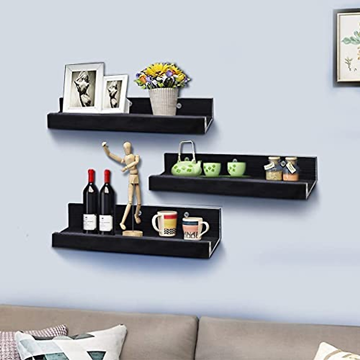 Lavezee 24 Inch + 36 Inch Black Floating Wall Ledge Shelves Set of 3