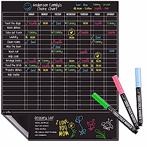 Magnetic Dry Erase Chore Chart for Multiple Kids (17x20" - Black) - 6 Whiteboard Markers with Magnets | Family Chore Chart, Fridge Chore Chart for Adults | Magnetic Chore Board for Refrigerator