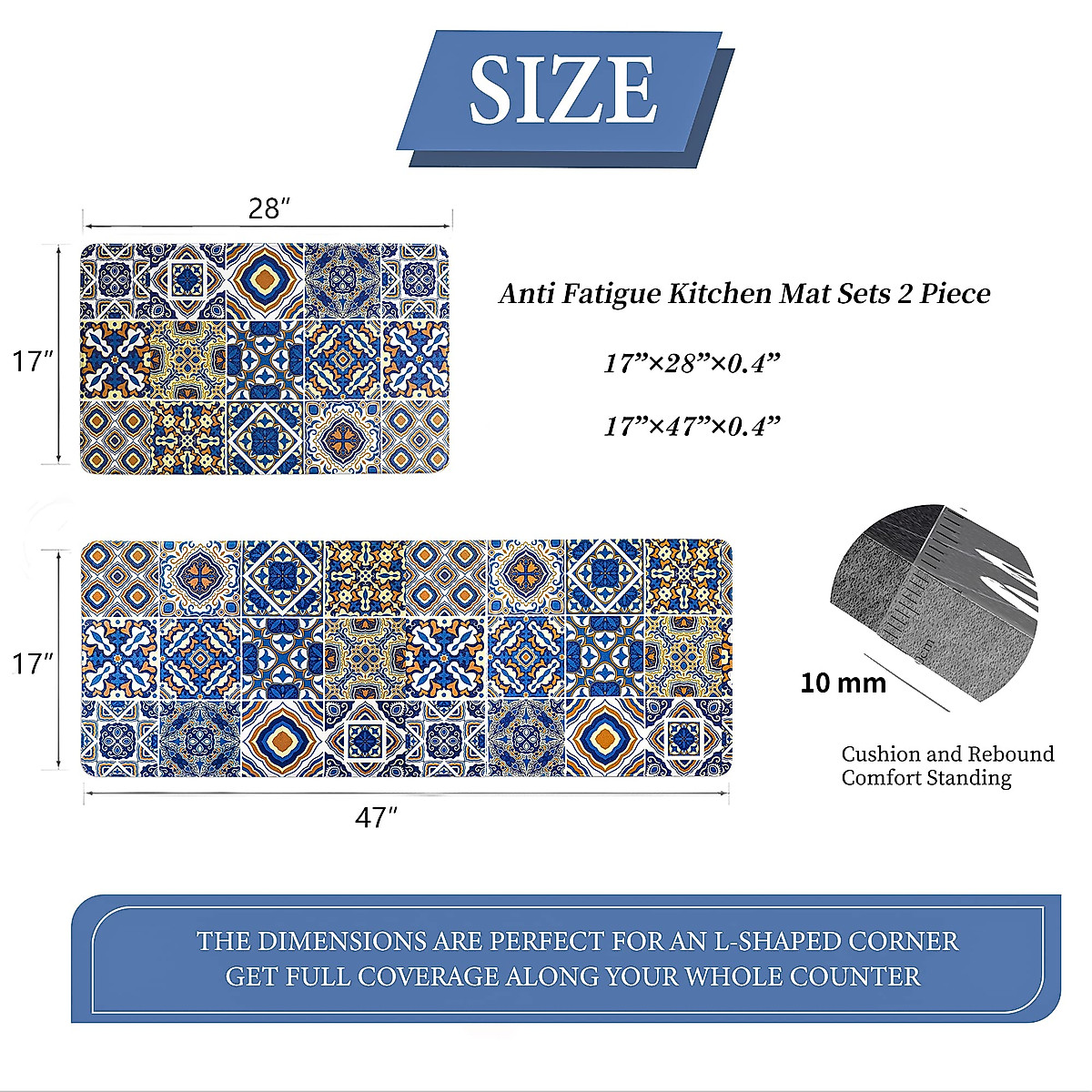 Lidimei Anti Fatigue Mats for Kitchen Floor, Kitchen Mats Cushioned Anti Fatigue 2 Piece Set 17"x47"+17×28", Non Skid Waterproof Kitchen Mats for Floor, Blue Bohemia Kitchen Rugs