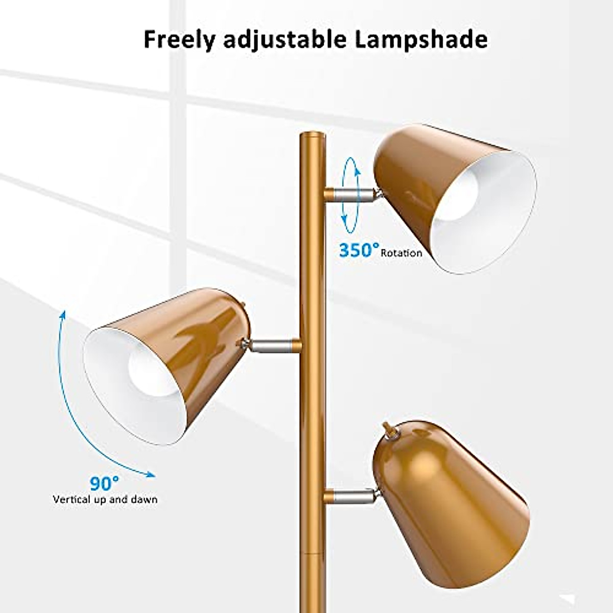 PAZZO Floor Lamp, 3pcs 8W LED Standing Tall Lamp,Tree Floor Lamp with 3 Adjustable Rotating Lights Industrial Floor Lamp for Living Room, Bedroom,Office,Gold
