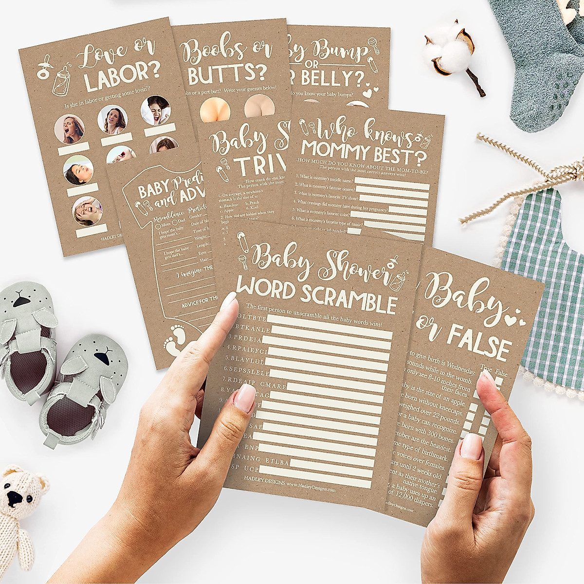 75 Rustic Who Knows Mommy Best, Baby Prediction and Advice Cards etc, 25 True Or False, Word Scramble For Baby Shower Ideas - 8 Double Sided Cards Baby Shower Games Funny, Baby Shower Party Supplies