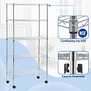 Dkelincs Wire Shelving Unit 30''L×14''W×60''H NSF Metal Storage Shelves 5 Tier Height Adjustable Wire Shelf with 4 Wheels for Kitchen Office Pantry Bathroom Garage, Chrome