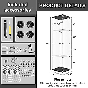 LFT HUIMEI2Y Glass Display Cabinet 4-Shelf with Door and Lock, Curio Cabinets Upgraded Quick-Install Style 5mm Tempered Glass Floor Standing Bookshelf for Bedroom, Living Room 64”x 17”x 14” Black