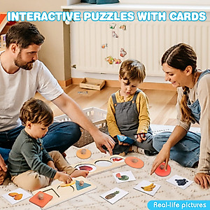 Twefex Baby Puzzles 12-18 Months - Montessori Multiple Shapes Knob Wooden Puzzles for Toddlers 1-3 - Peekaboo Photo Puzzle with Baby Mirror & 10 Real-Life Cards