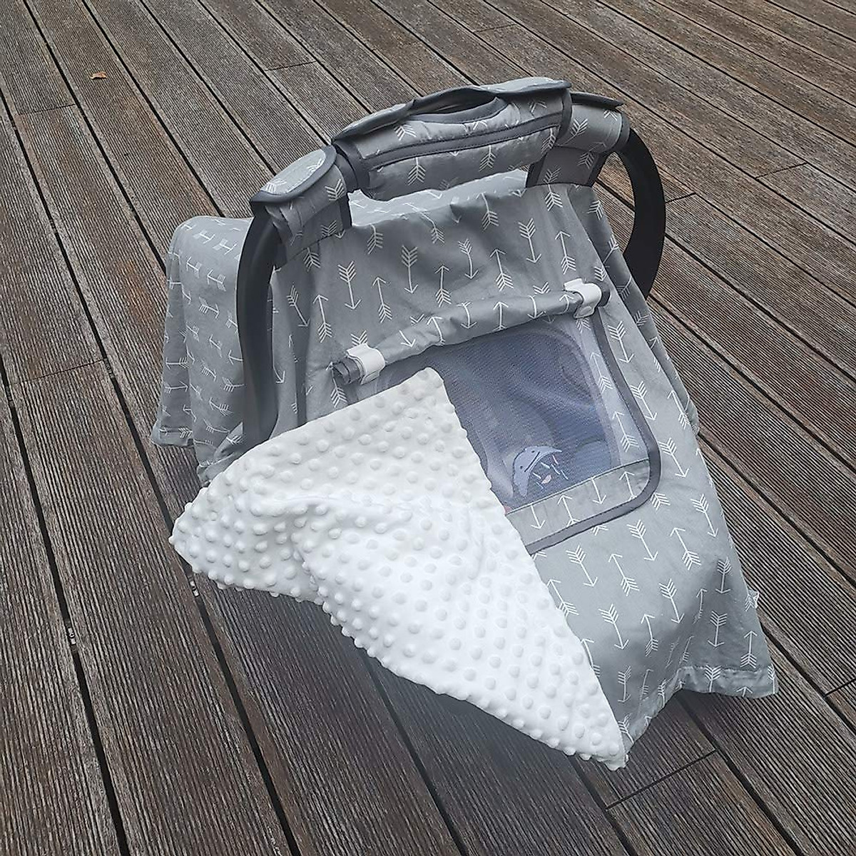 Car seat Covers for Babies boy Girl, Carseat Canopy for Newborn Carrier, 2 Layers Windows of mesh/Fabric, No Shifting on Carrier Handle, Cotton and Fleece, Handle Cushion, White Minky