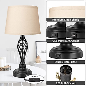 COSTUBE Set of 2 Touch Control 3-Way Dimmable Table Lamp with Switch, Bedside Lamp with USB Port AC Outlet Nightstand Lamp with Fabric Shade for Living Room Bedroom, Daylight White Bulbs Included