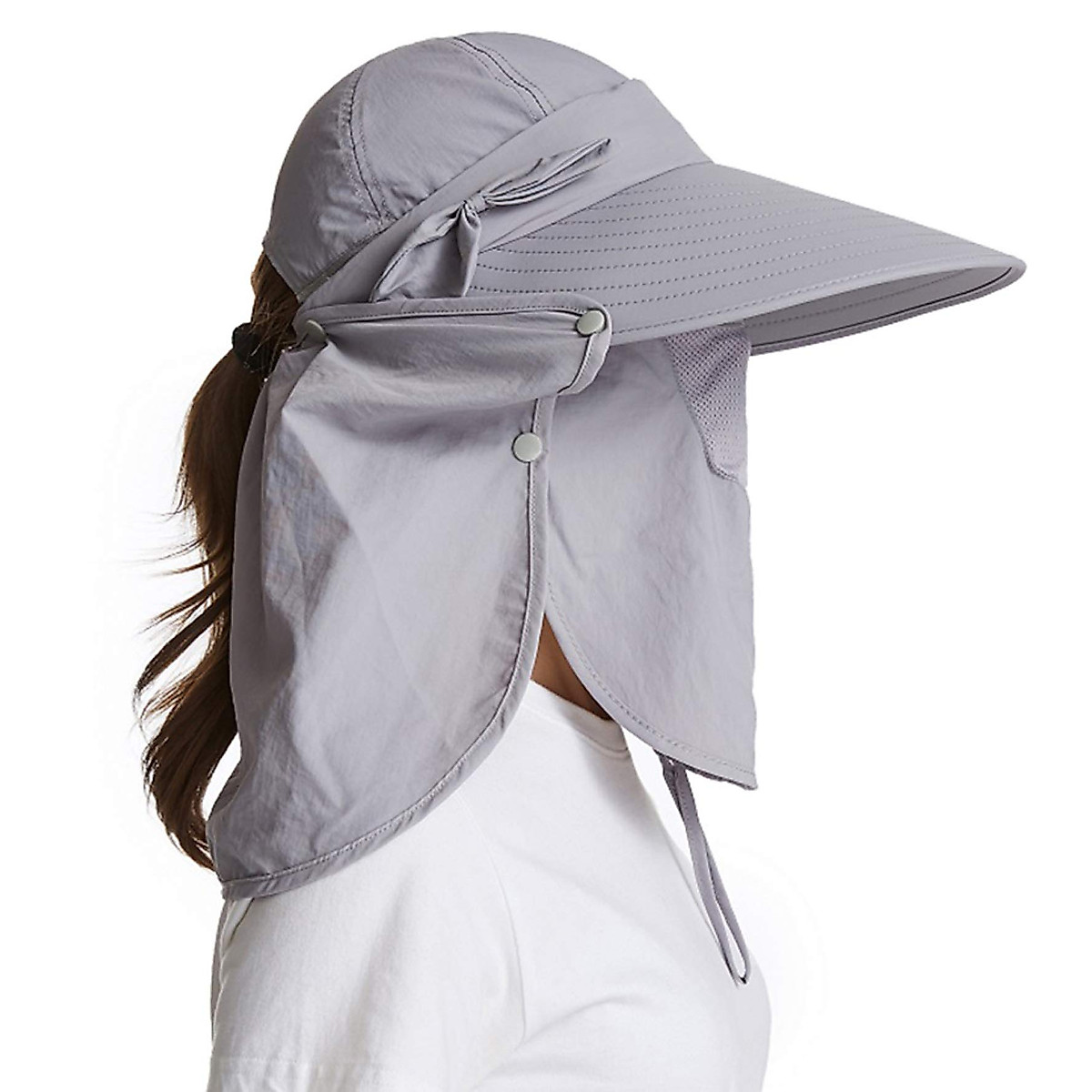icolor Women Sun Cap Finshing Hats UPF+50 Detachable Face Mask Neck Flap Visor Wide Brim Sun Protection Hiking Hats Light Gray
