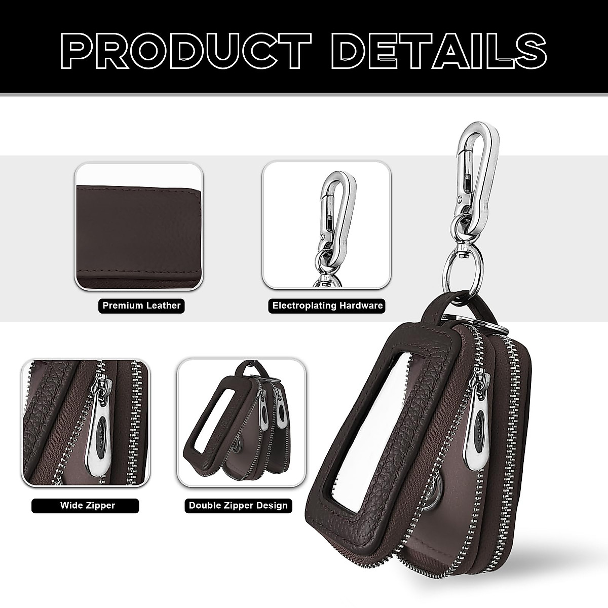 Car Key Fob Case, Double Zipper Genuine Leather Protection Key, Universal Premium Car Key Fob Case, Metal Hook and Keyring with Transparent Window for Men Women (Coffee)