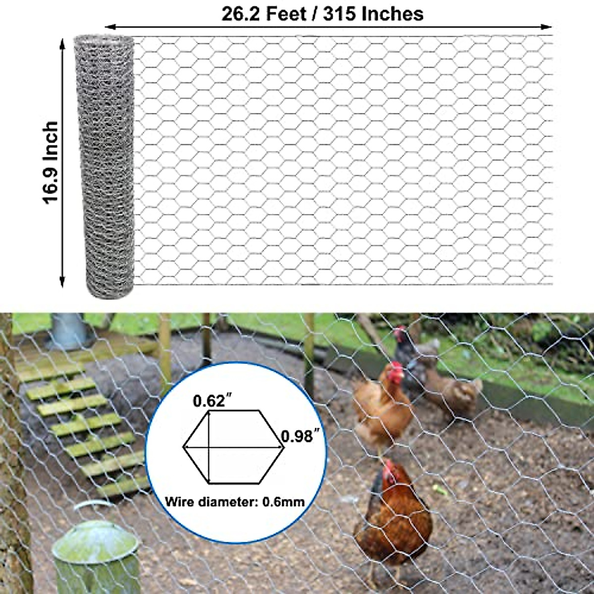 UWIOFF Chicken Wire - 16.9'' x 315'' Chicken Wire Fencing, Galvanized Hexagonal Poultry Netting, 0.6 Inch Wire Mesh Garden Fence Animal Barrier Metal Floral Chicken Wire for Crafts Garden Rabbit